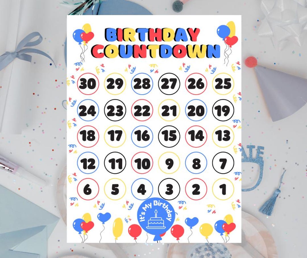 Birthday Countdown Chart: Primary Colors, 30-day Design (printable) - Etsy