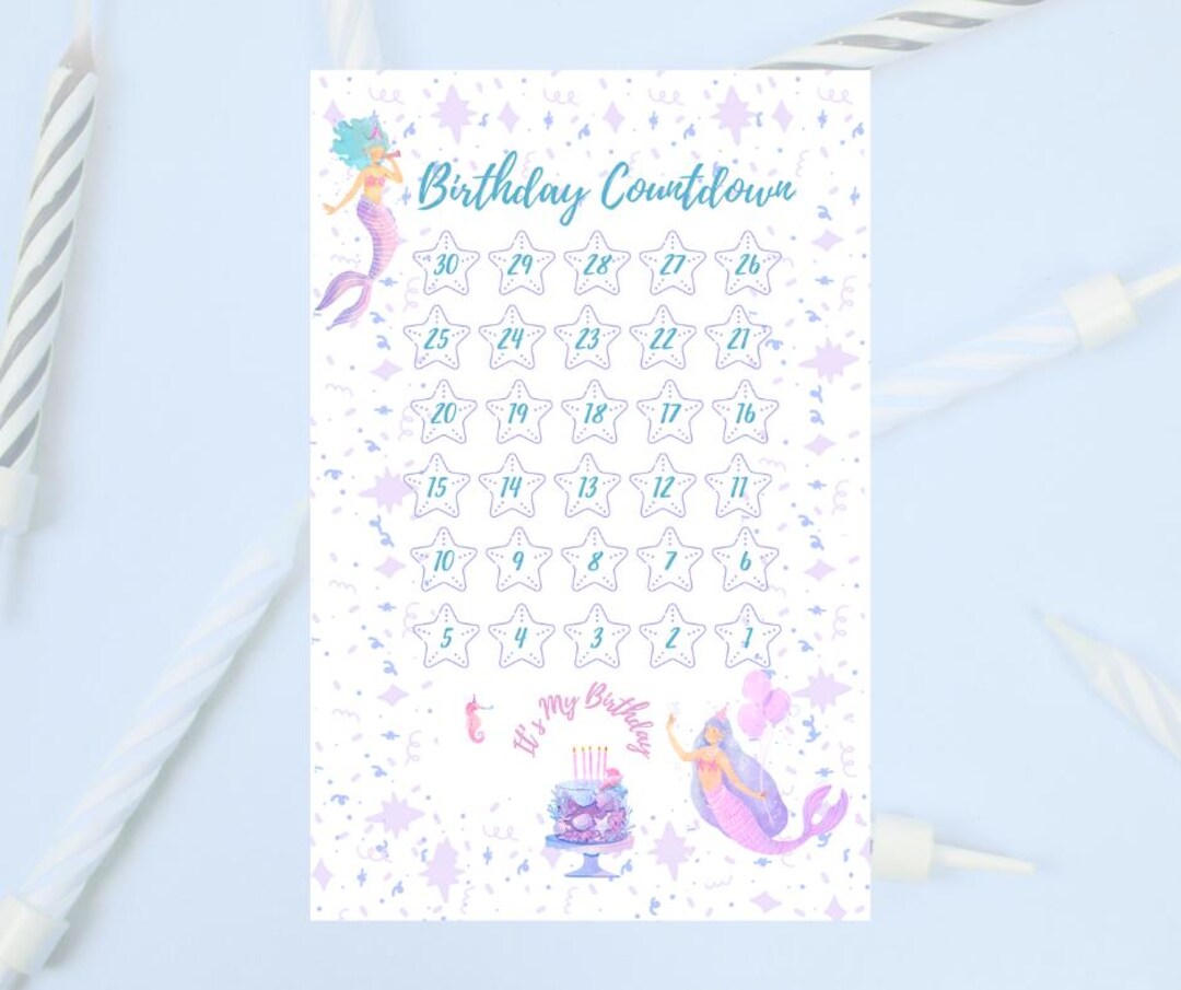 Mermaid Birthday Countdown Chart: Printable Party Decor (digital ...