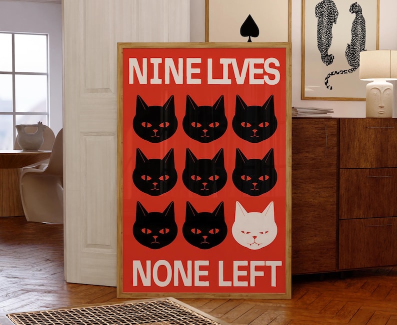 Edgy Gothic Black Cat Poster: Nine Lives None Left - Minimalist Dark ...