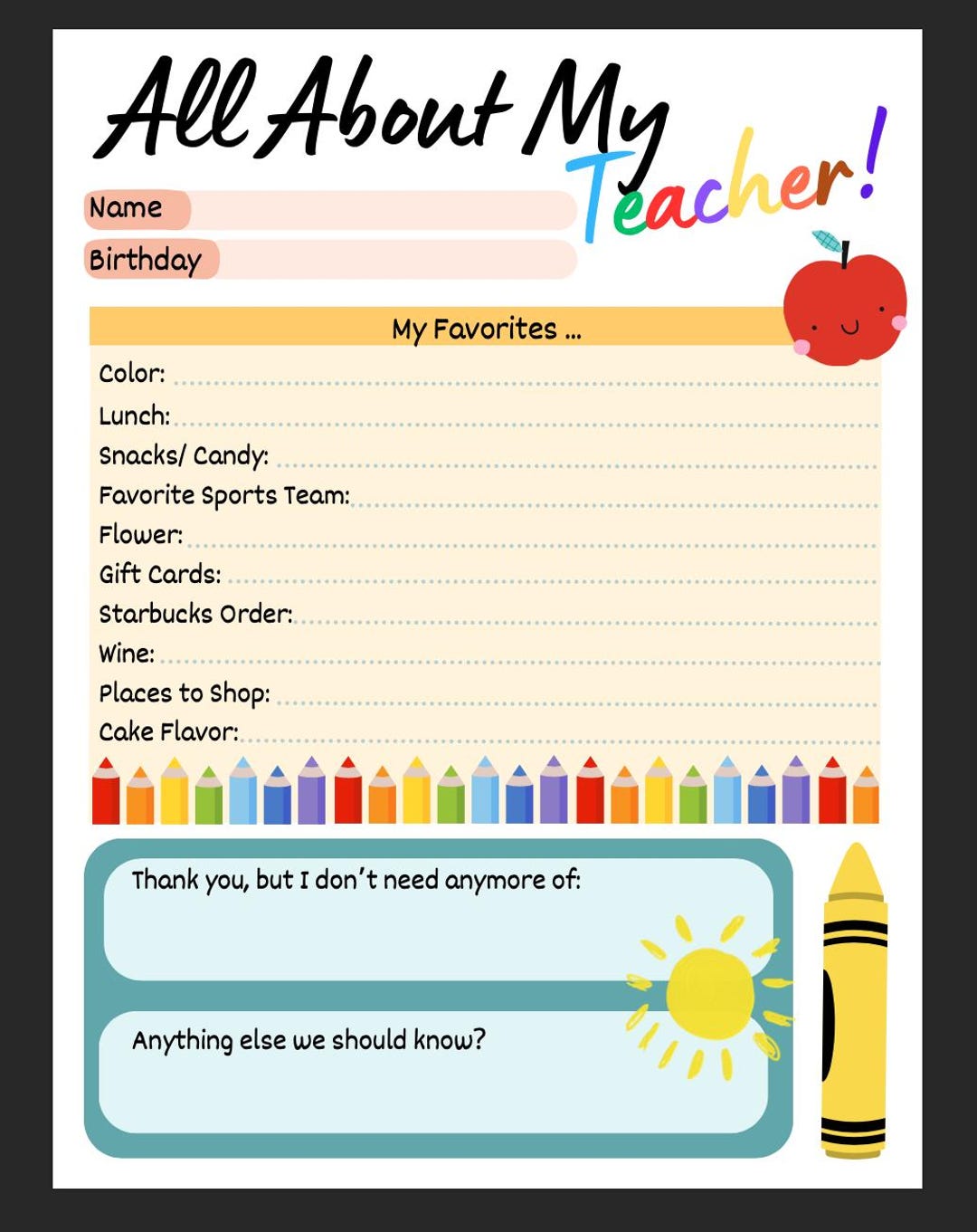 All About My Teacher Questionnaire - Etsy