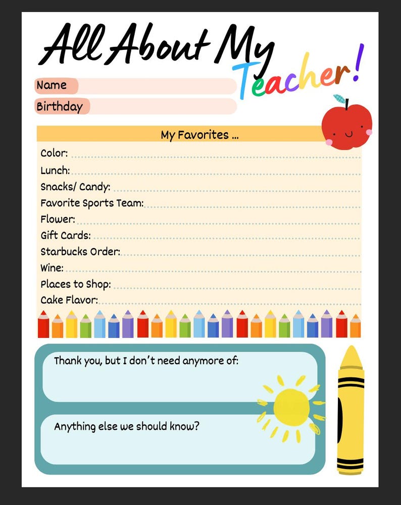 All About My Teacher Questionnaire - Etsy