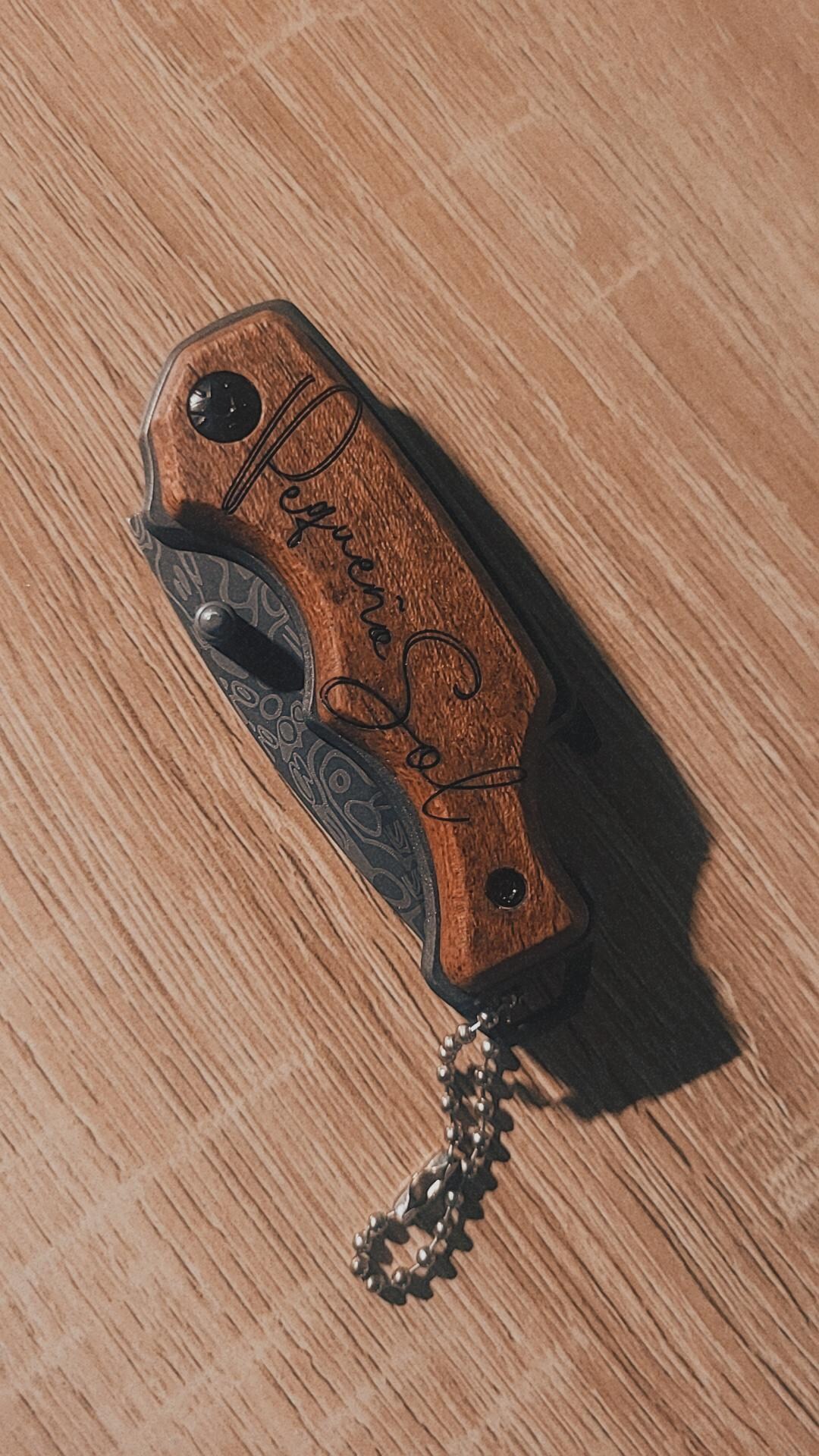 Custom EDC Pocket Knife, Damascus Blade, Wooden Handle, With Thumb Stud ...