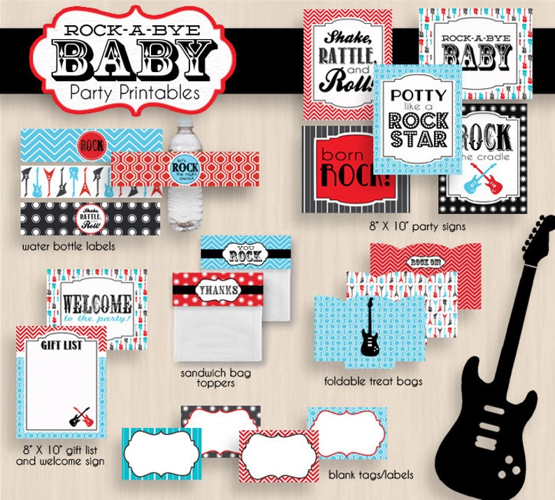 ROCK-A-BYE BABY Shower Printable Package in Red, Turquoise Blue, and ...