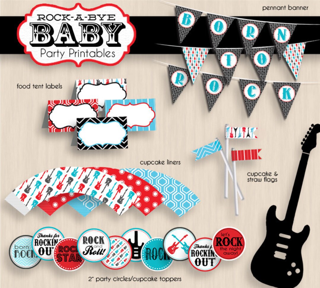 ROCK-A-BYE BABY Shower Printable Package in Red, Turquoise Blue, and ...