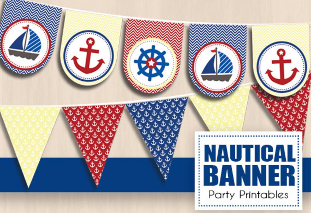 NAUTICAL Party Banner in Navy Blue and Red- Instant Printable PDF ...