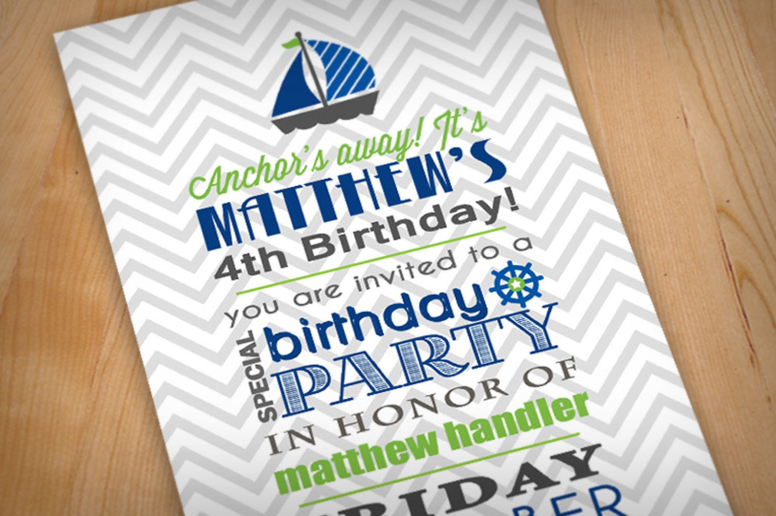 SAIL BOAT Nautical Thank You Card in Lime Green and Navy Blue- Instant ...