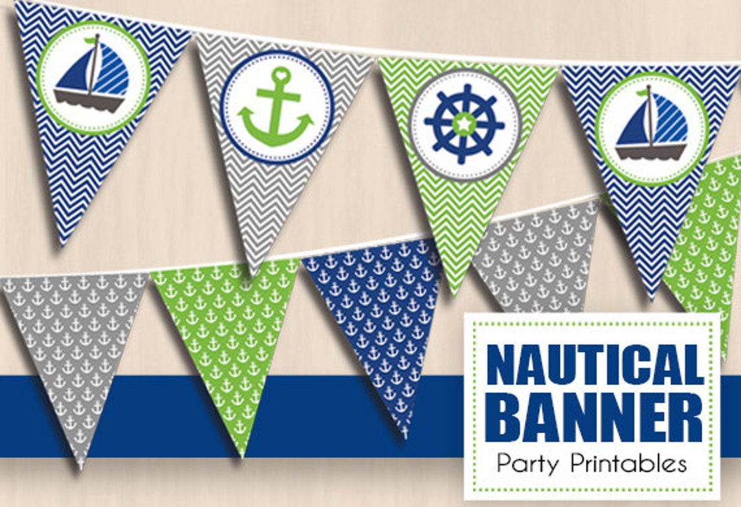 NAUTICAL Party Banner in Navy Blue and Lime Green Instant - Etsy