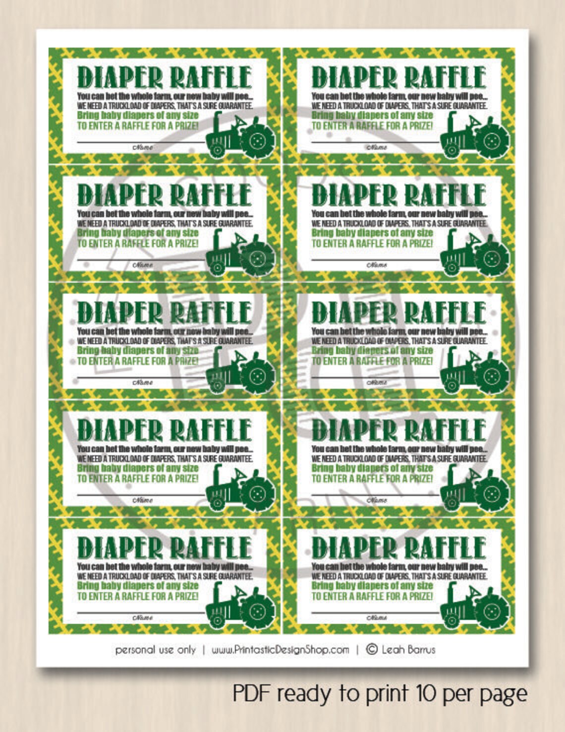 TRACTOR Raffle Ticket in Green and Yellow- Instant Printable Download ...
