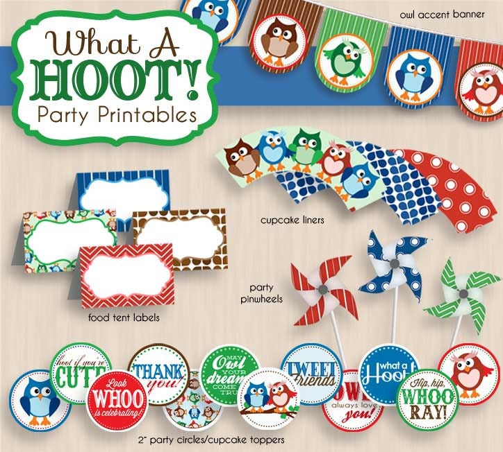 OWL Birthday Party Printable Package in Blue and Red Instant | Etsy