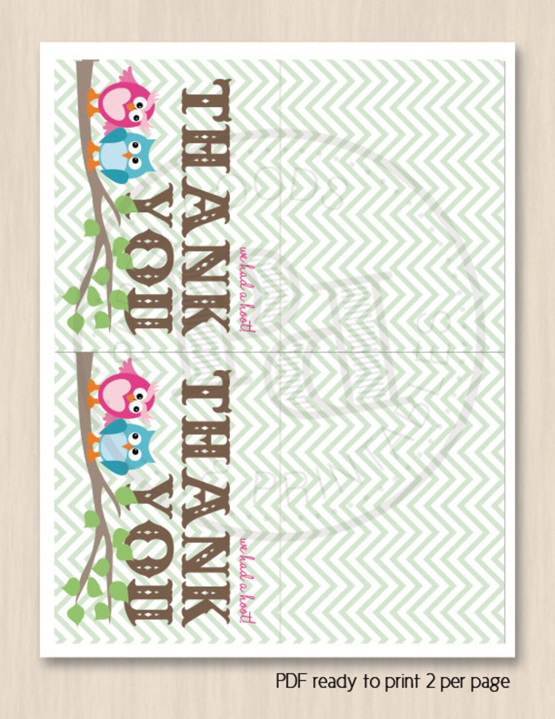 TWIN OWL Printable Thank You Card in Pink & Teal Instant - Etsy