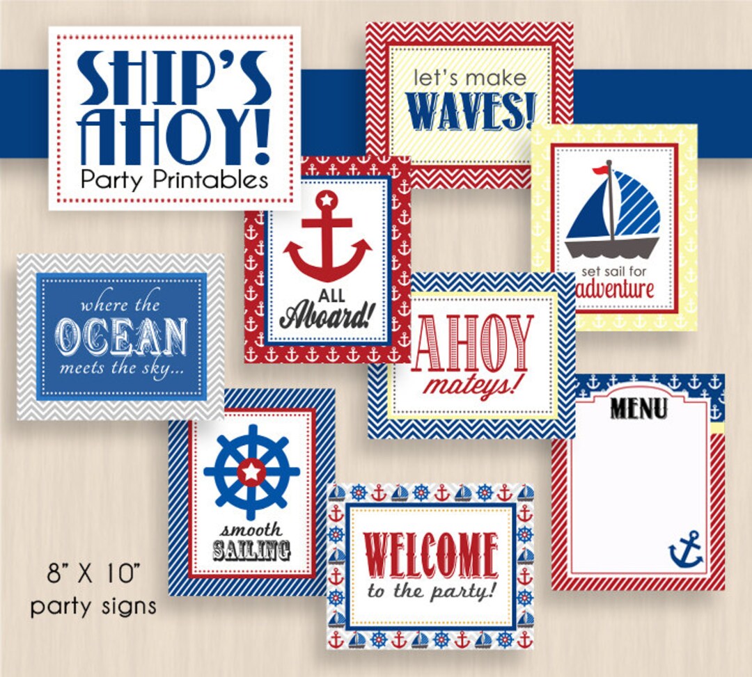 NAUTICAL 8X10 Party Signs in Navy Blue, Red, and Yellow- Instant PDF ...