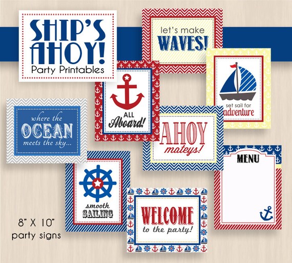 NAUTICAL 8X10 Party Signs in Navy Blue Red and Yellow | Etsy
