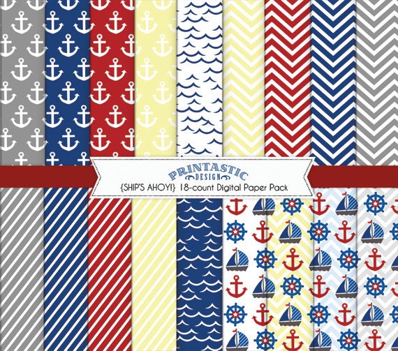 NAUTICAL Printable Paper Pack in Navy Blue and Red Instant | Etsy