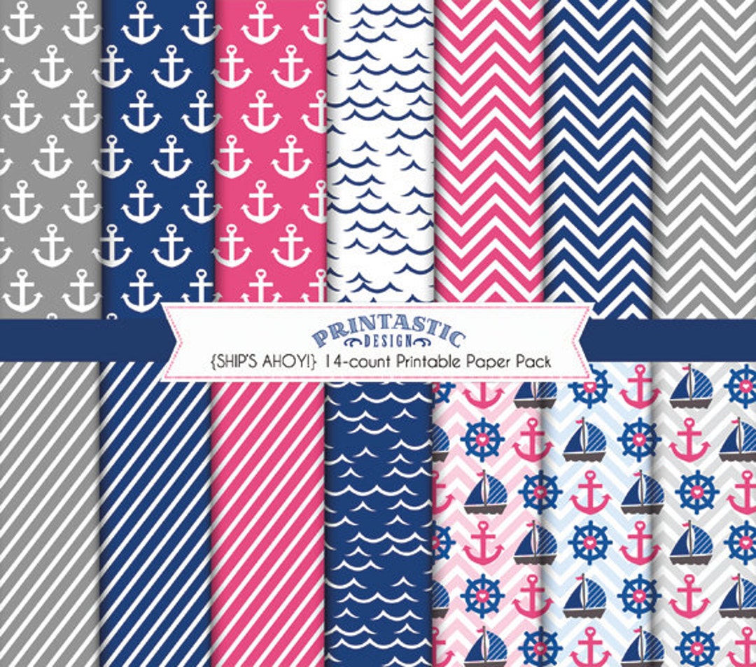 NAUTICAL Paper Pack in Pink and Navy Blue Instant Printable Download - Etsy