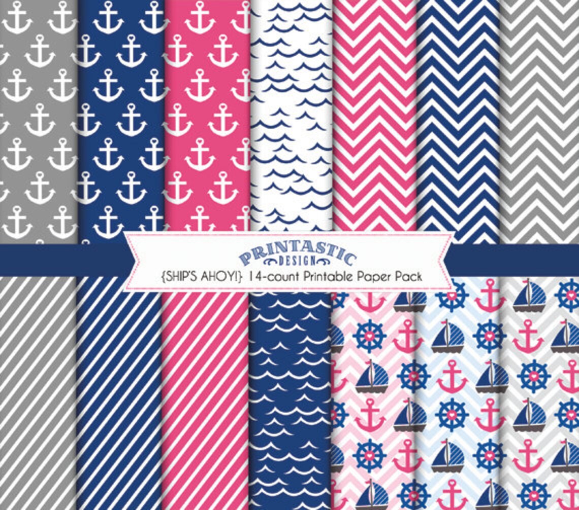NAUTICAL Paper Pack in Pink and Navy Blue Instant Printable | Etsy