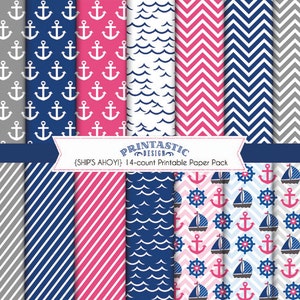 NAUTICAL Paper Pack in Pink and Navy Blue Instant Printable Download - Etsy