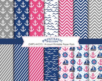 NAUTICAL Printable Paper Pack in Navy Blue and Red Instant | Etsy