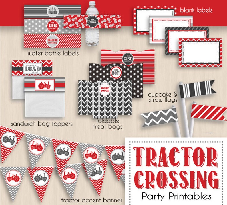 TRACTOR CROSSING Birthday Printable Package in Red and Charcoal Gray ...