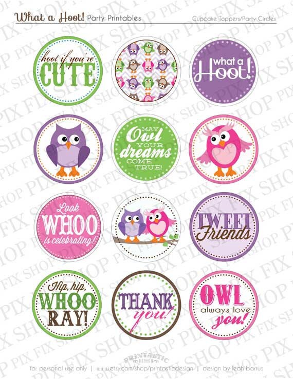 OWL Cupcake Toppers & Party Circles in Pink and Purple | Etsy