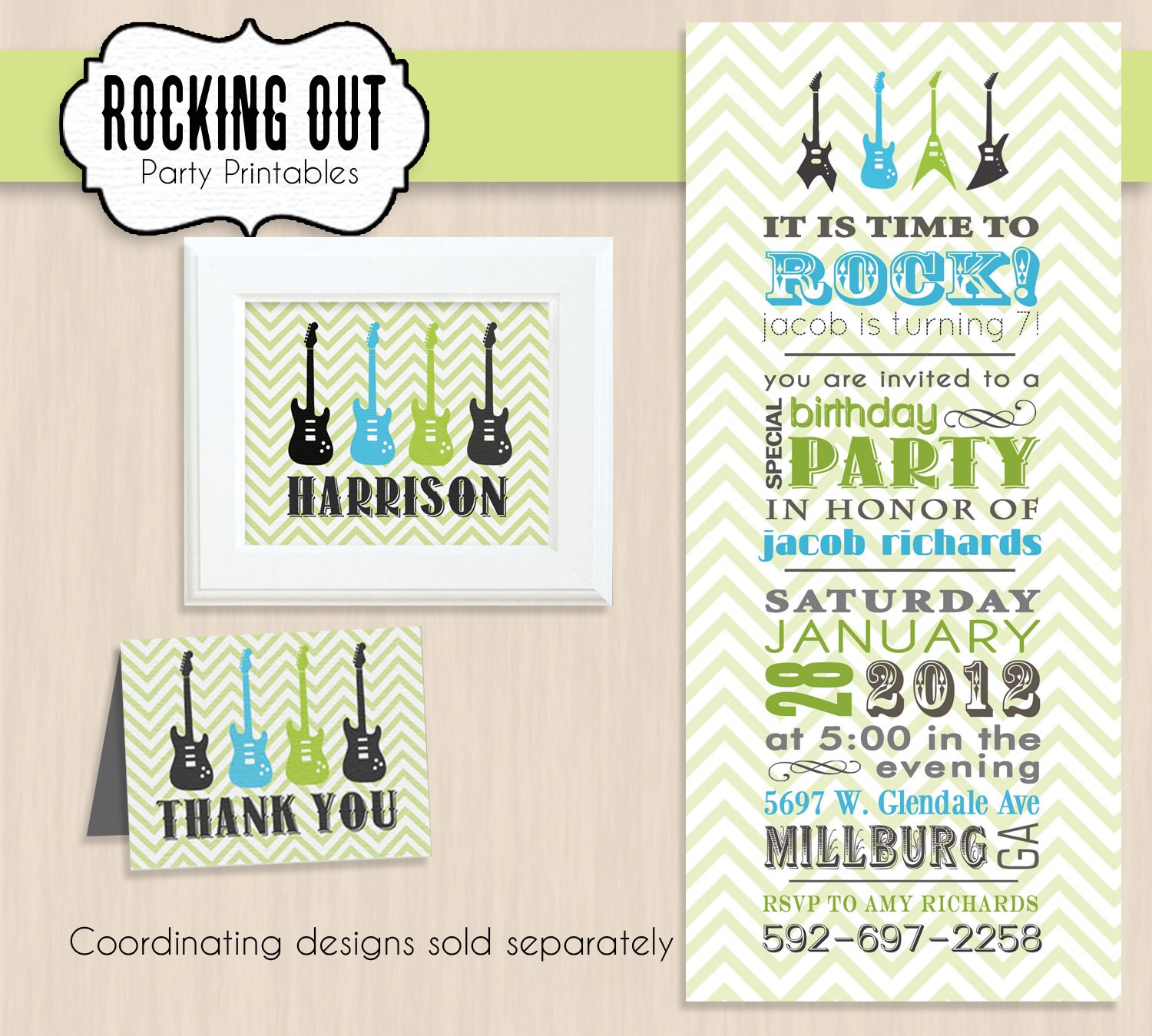 ROCK GUITAR Birthday Party Printable Package in Turquoise Aqua Blue and ...