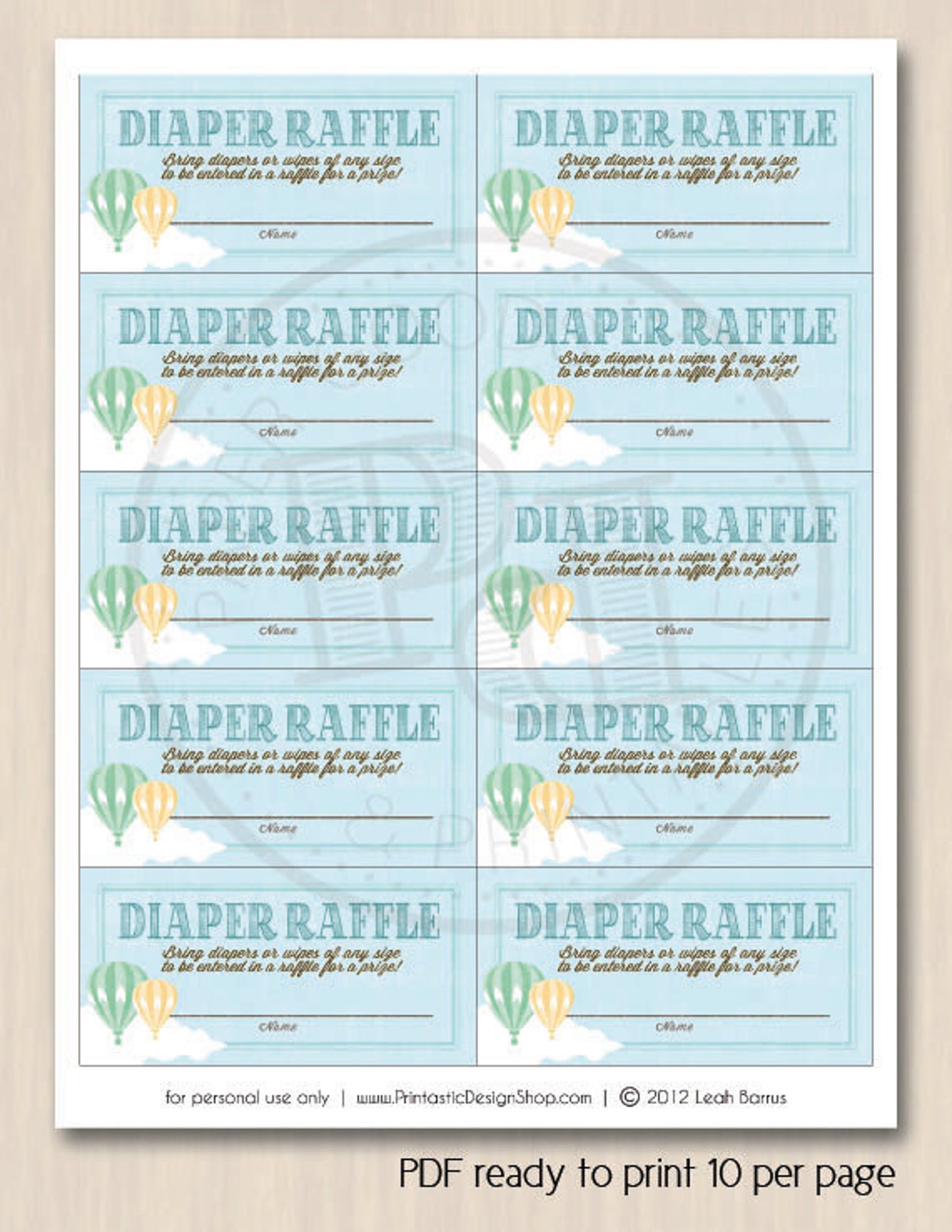 HOT AIR BALLOON Diaper Raffle Printable Ticket in Seafoam | Etsy Australia