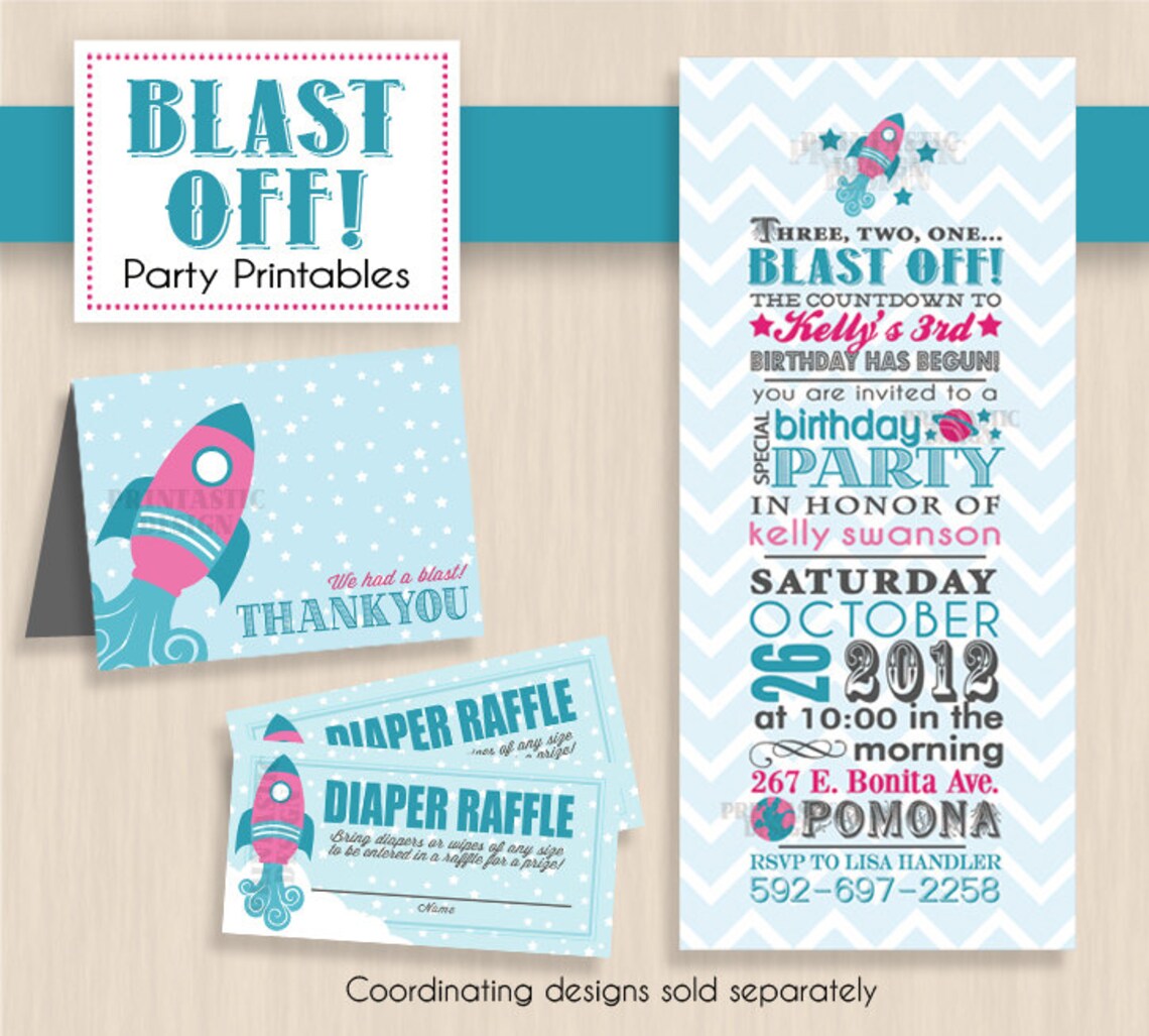 BLAST OFF Birthday Party Printable Package in Pink and Teal- Instant ...