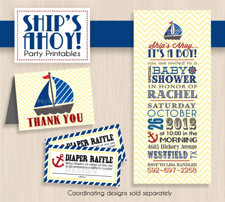 SAIL BOAT Nautical Thank You Card in Red and Navy Blue- Instant ...