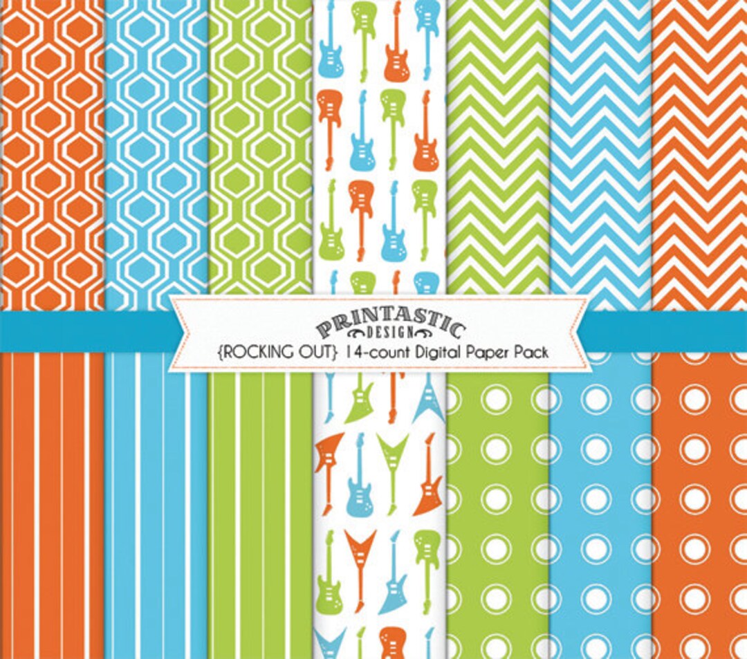ROCK GUITAR Paper Pack in Orange, Lime Green, and Turquoise Aqua Blue ...