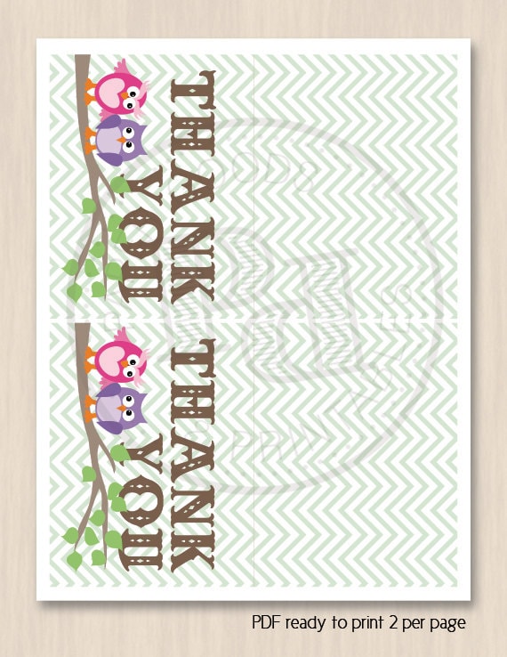 OWL Thank You Card in Purple & Pink- Instant Printable Download - Etsy