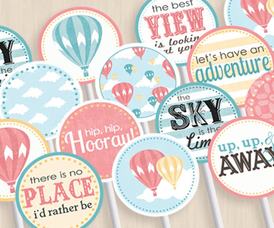 HOT AIR BALLOON Girl Birthday Party Circles & Cupcake Toppers in Coral ...