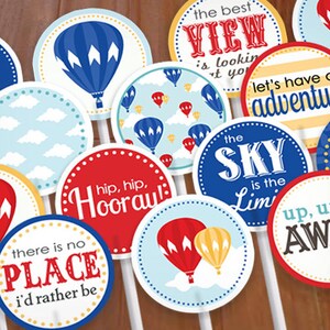 HOT AIR BALLOON Cupcake Toppers & Party Circles in Navy Blue and Red ...