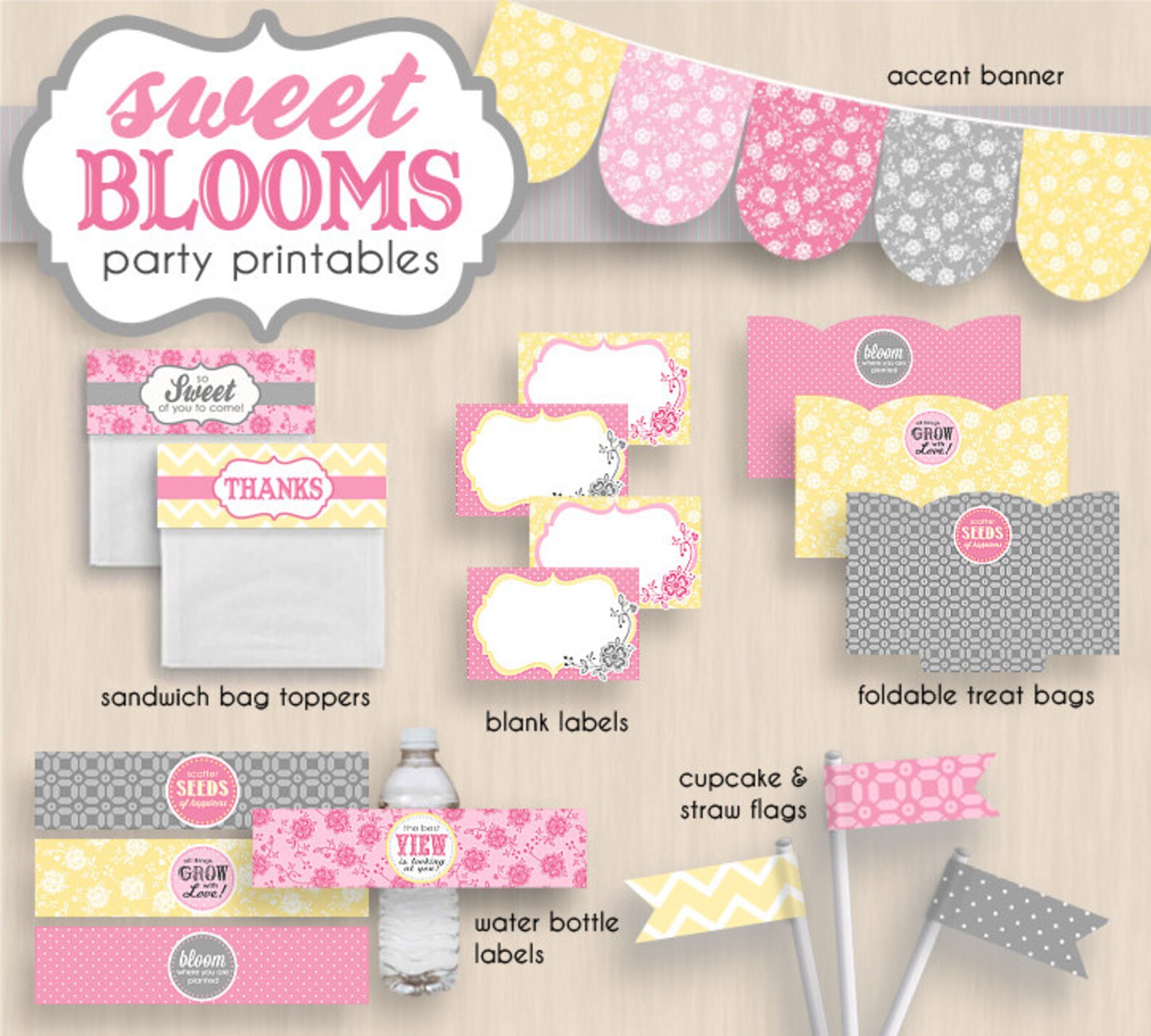 SWEET BLOOMS Birthday Party Printable Package in Pink | Etsy