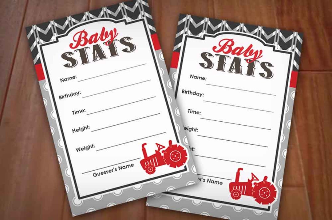BABY STATS Guessing Game Card With Tractor in Red and Charcoal Gray ...