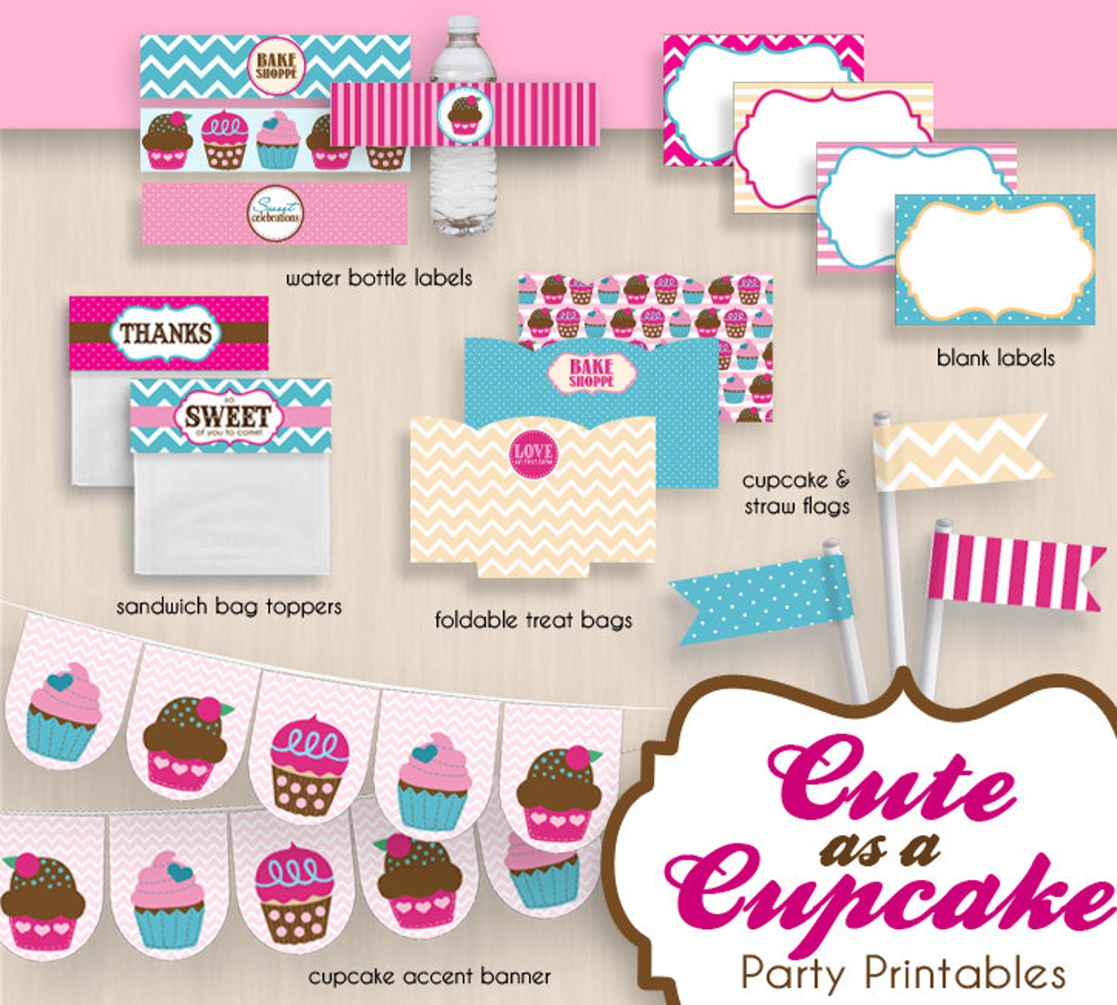 CUPCAKE Birthday Party Printable Package in Pink and Teal - Etsy