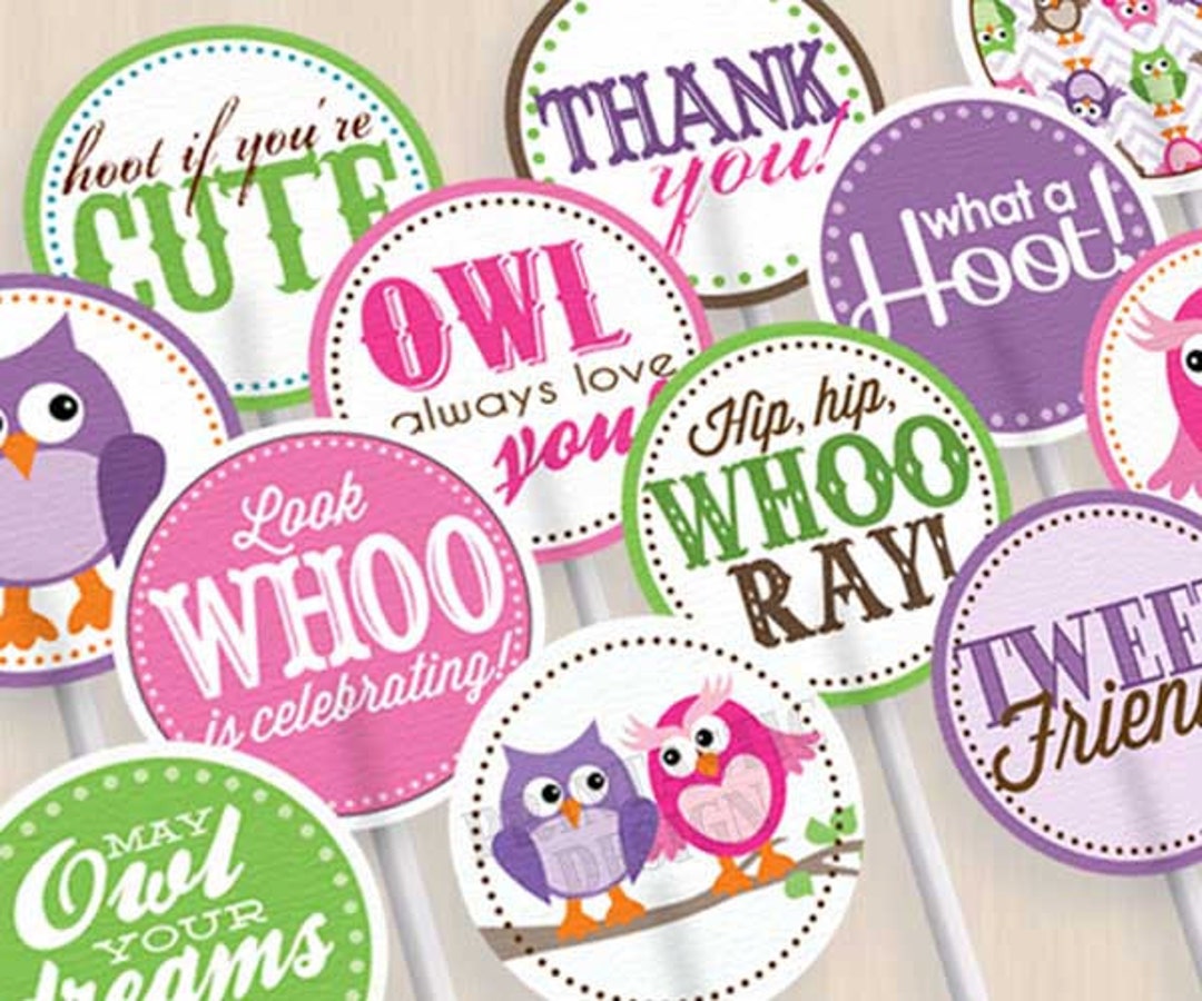OWL Cupcake Toppers & Party Circles in Pink and Purple- Instant ...