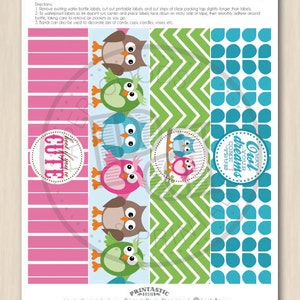 OWL Water Bottle Label Wrappers & Decorative Bands in Pink and Aqua ...