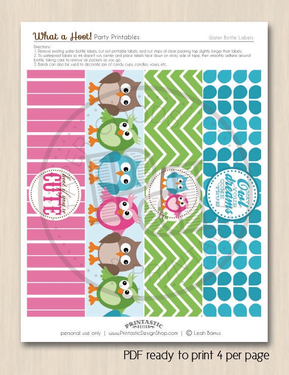 OWL Water Bottle Label Wrappers & Decorative Bands in Pink and - Etsy