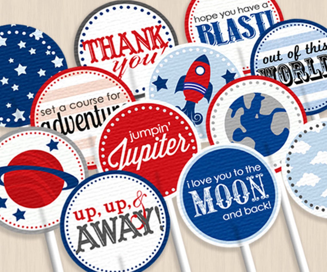 SPACE ROCKET Party Circles & Cupcake Toppers in Navy and Red | Etsy