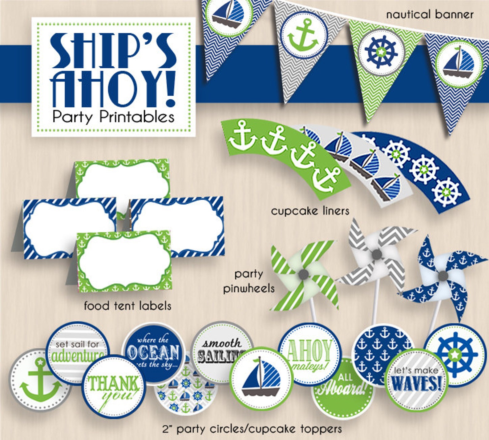 NAUTICAL 8X10 Party Signs in Navy Blue and Lime Green Instant | Etsy