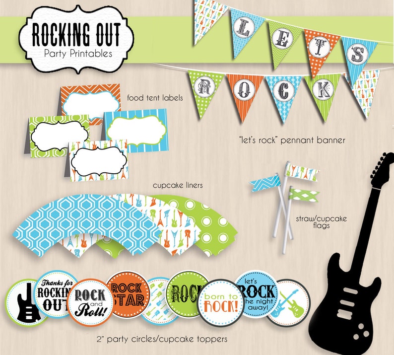 ROCK GUITAR Paper Pack in Orange, Lime Green, and Turquoise Aqua Blue ...