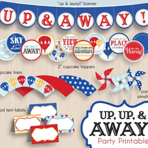 HOT AIR BALLOON Cupcake Toppers & Party Circles in Navy Blue and Red ...