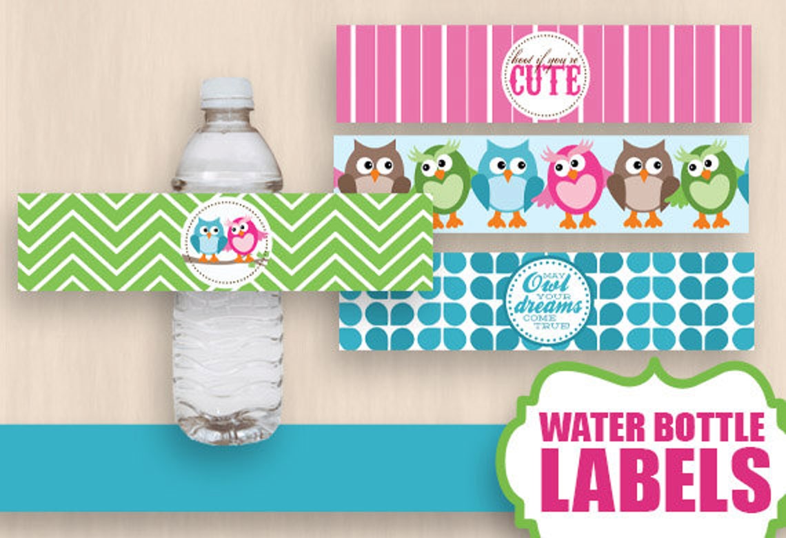 OWL Water Bottle Label Wrappers & Decorative Bands in Pink and - Etsy