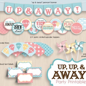 HOT AIR BALLOON Girl Birthday Party Circles & Cupcake Toppers in Coral ...