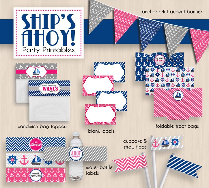 SHIP'S AHOY Nautical Birthday Printable Package in Pink and Navy Blue ...