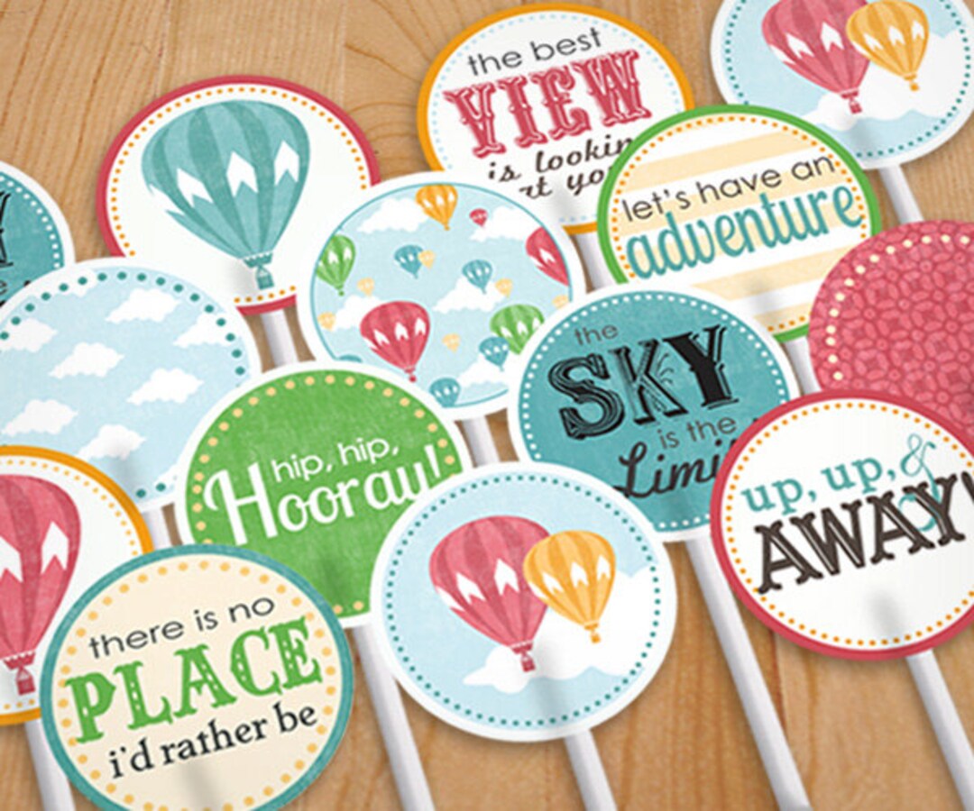HOT AIR BALLOON Party Circles & Cupcake Toppers in Vintage Rainbow ...