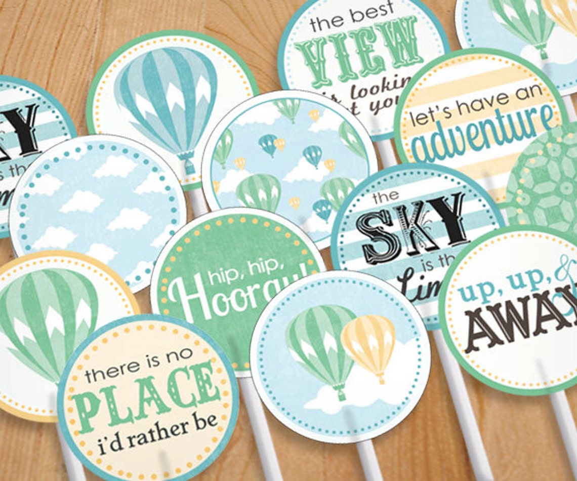 HOT AIR BALLOON Cupcake Toppers & Party Circles in Seafoam | Etsy