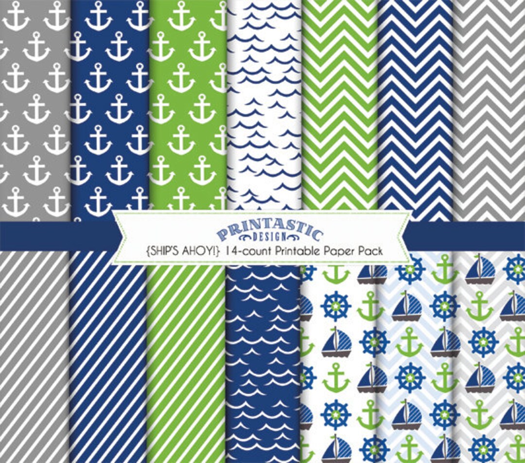 NAUTICAL Printable Paper Pack in Lime Green and Navy Blue - Etsy