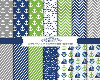 NAUTICAL Printable Paper Pack in Navy Blue and Red Instant | Etsy