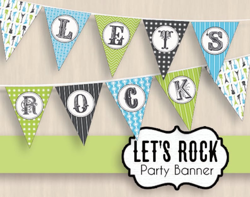 LET'S ROCK Party Banner in Turquoise Blue and Lime Green- Instant ...