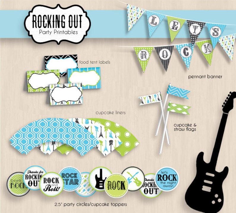 ROCK GUITAR Paper Pack in Lime Green, Turquoise Aqua Blue, and Black ...